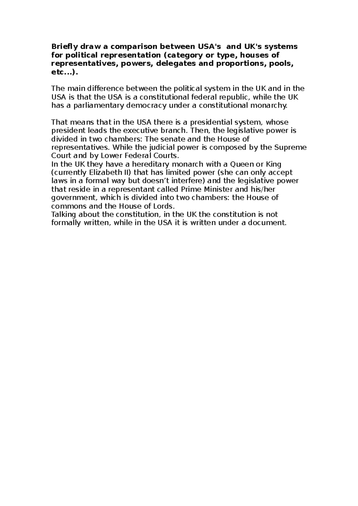 Comparison between USA and UK political system - Briefly draw a ...