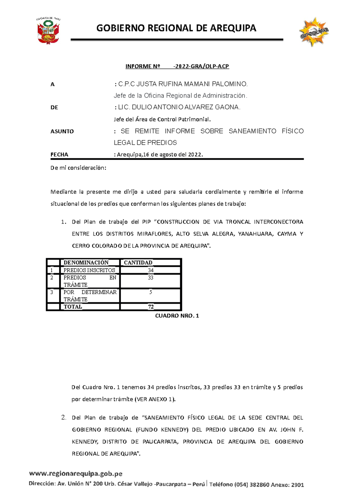 Informe Situacional DE Avance DE Avance DE Inscri´CIÓN DE Predios ...