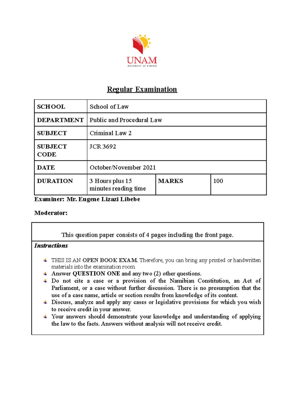 Criminal law 2 Regular - exam preparation - Regular Examination SCHOOL ...