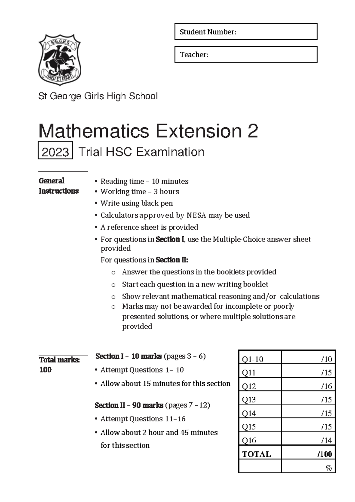 2023 St George Girls High School - X2 - Trial - Questions - St George ...