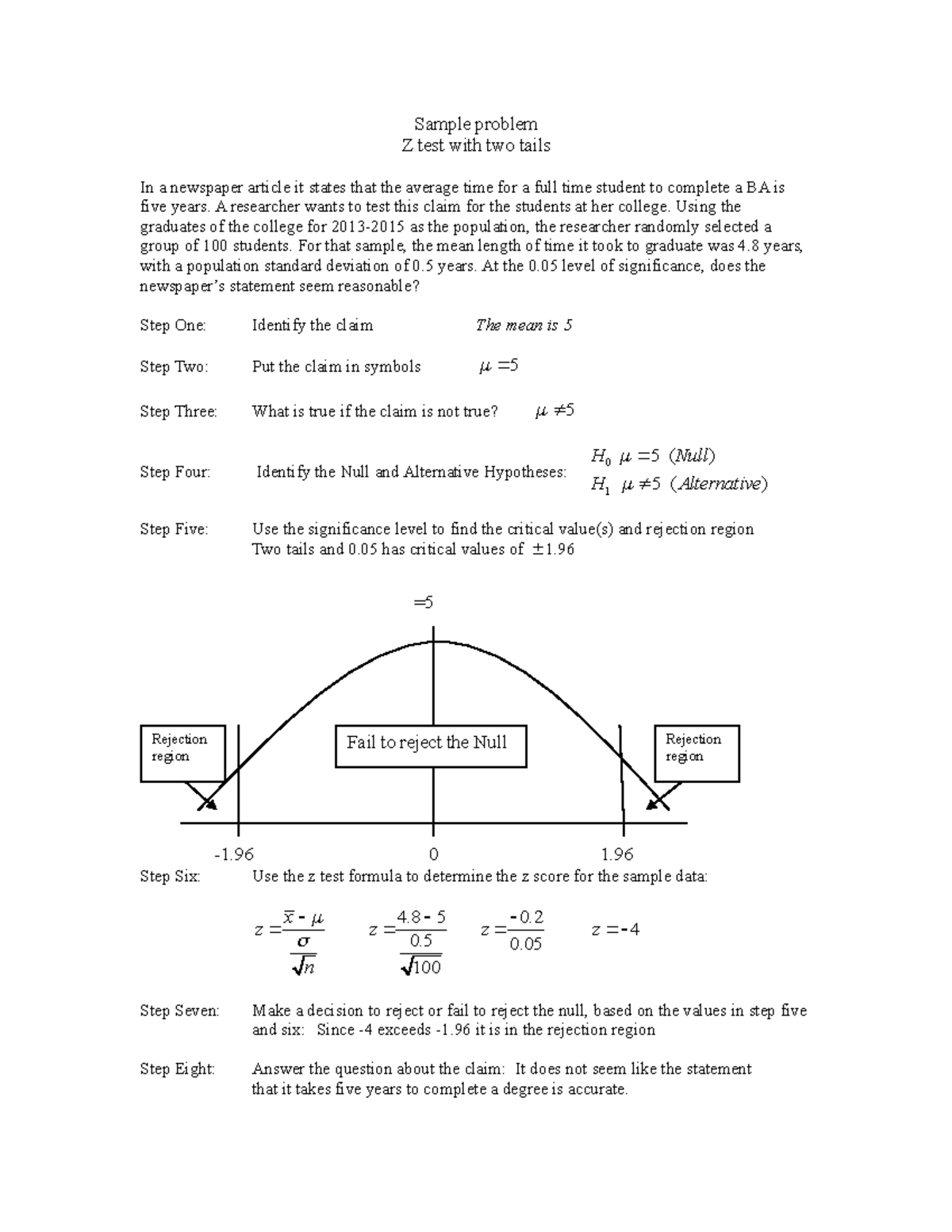 Information sheet z test 1 - Sample problem Z test with two tails In a ...
