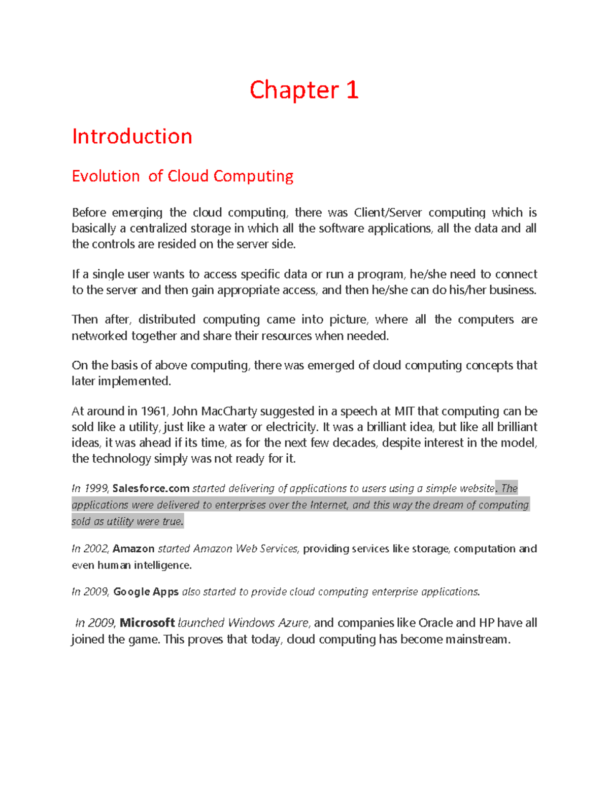 Cc (notes) - Chapter 1 Introduction Evolution of Cloud Computing Before ...