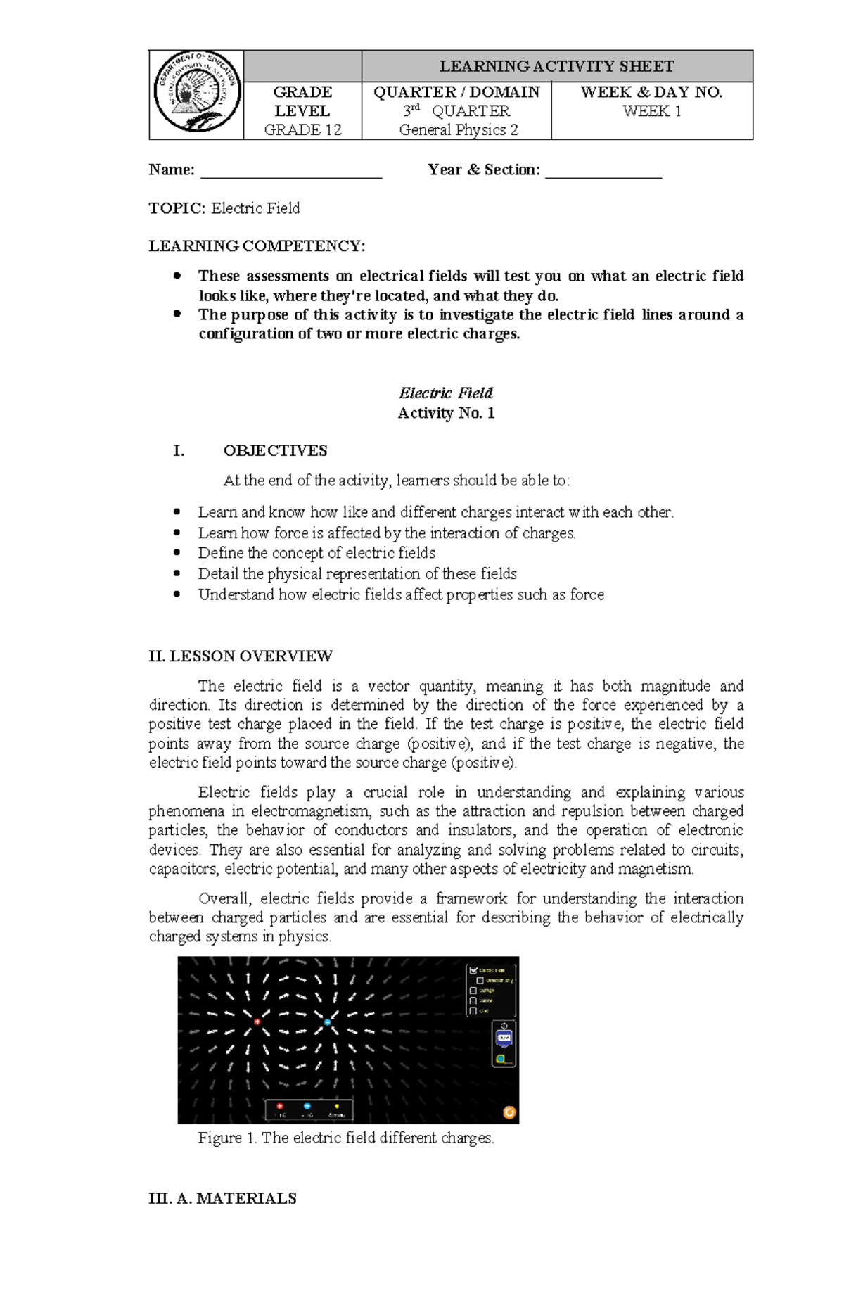 Electric-Field - Hard asf - LEARNING ACTIVITY SHEET GRADE LEVEL GRADE ...