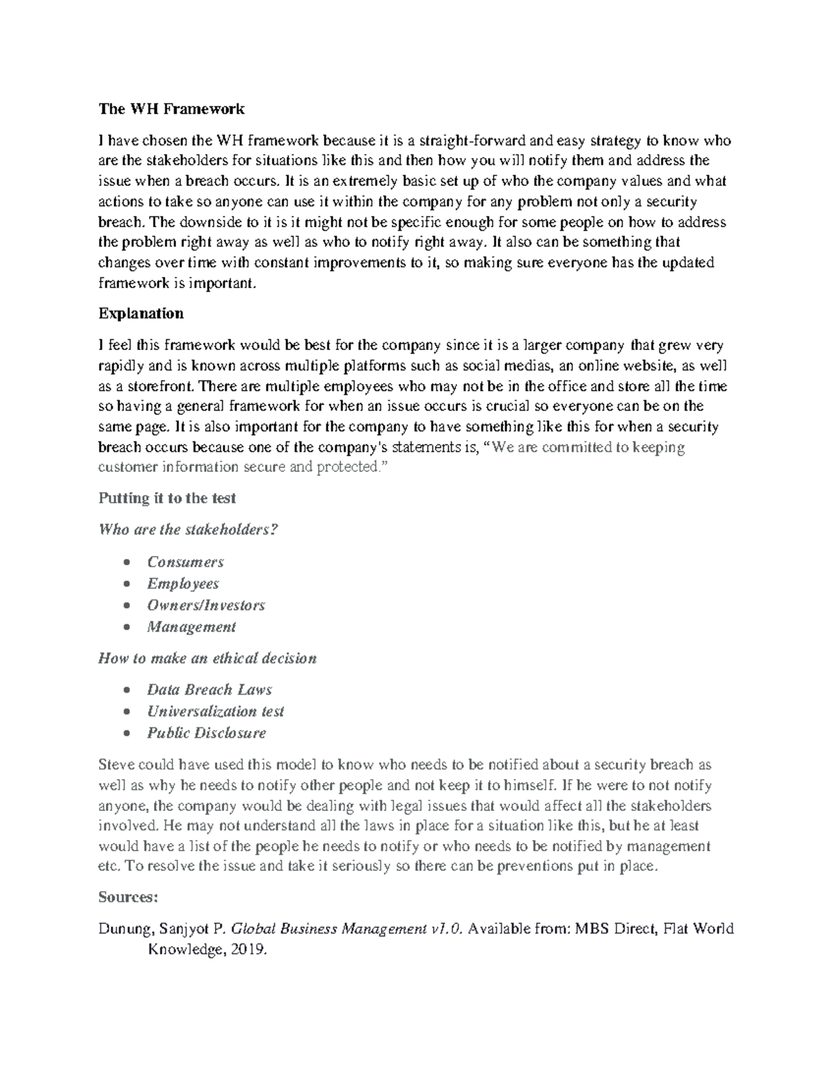 Project Two Framework - The WH Framework I have chosen the WH framework ...