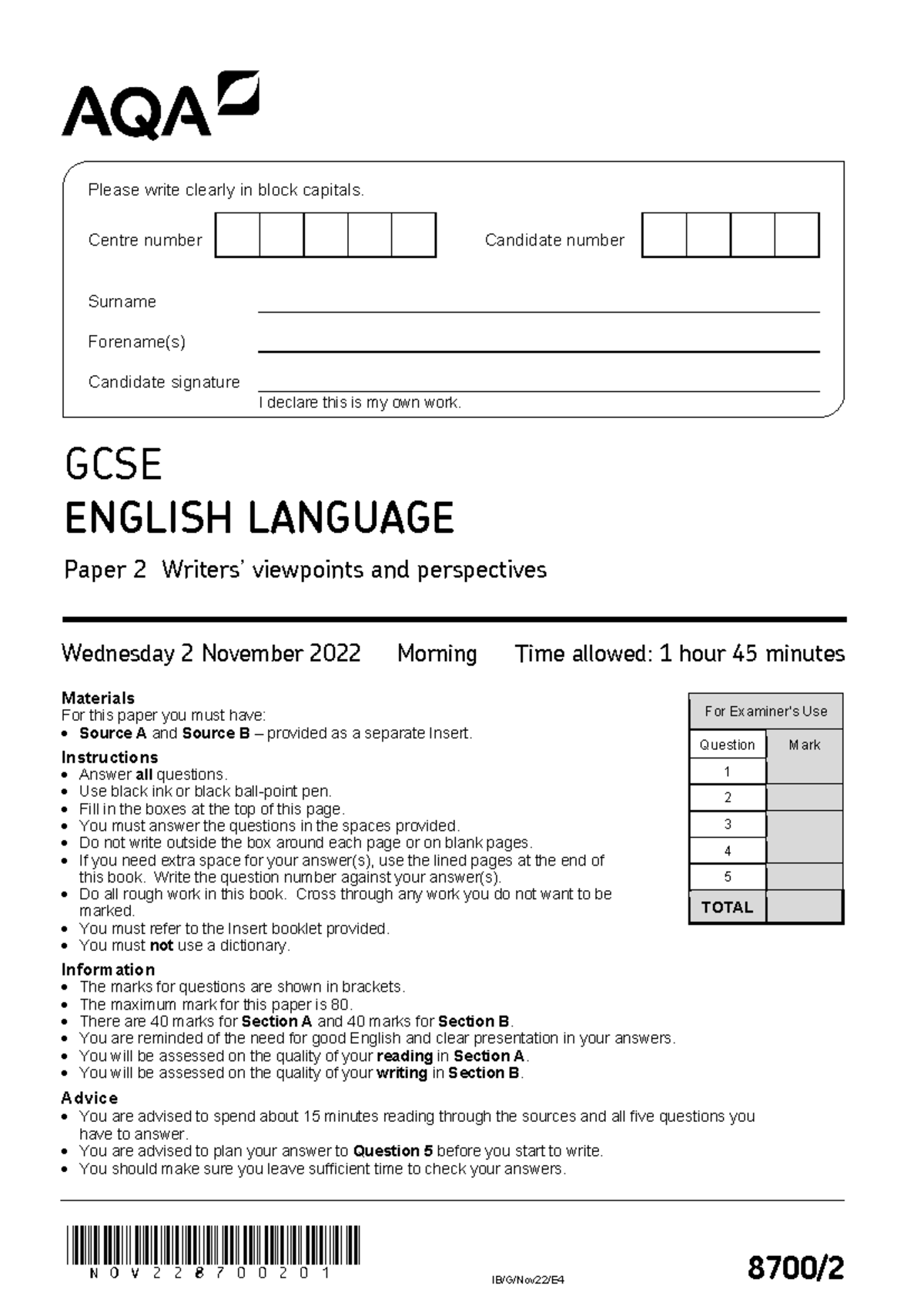 8700 2 QP English Language GCSE 2Nov22 AM - nov228700201 IB/G/Nov22/E4 ...
