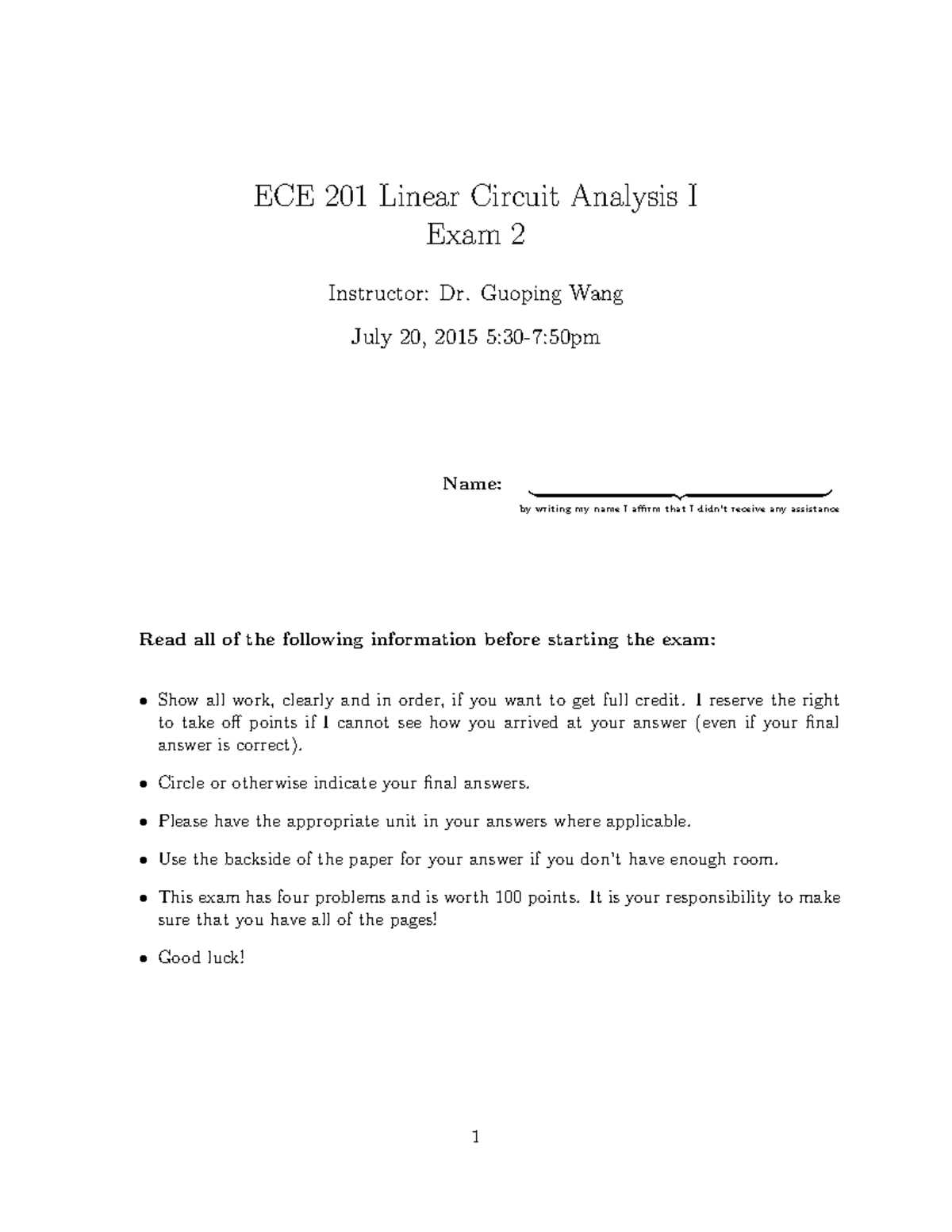 Ece201 m15 exam02 solutions - ECE 201 Linear Circuit Analysis I Exam 2 ...