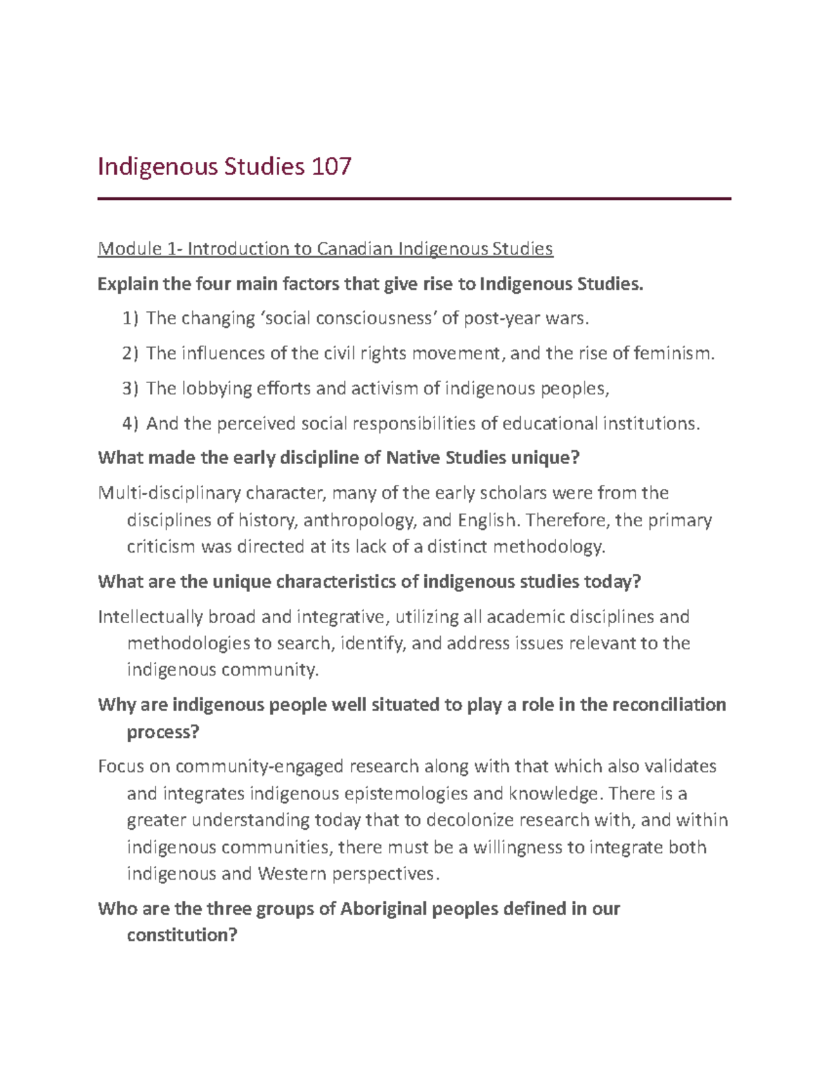 Indigenous Studies 107 module 1-6 - 1) The changing ‘social ...