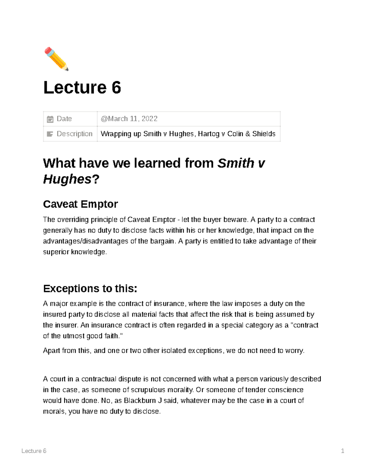 Lecture 6 summary - Lecture 6 Date Description Wrapping up Smith v ...