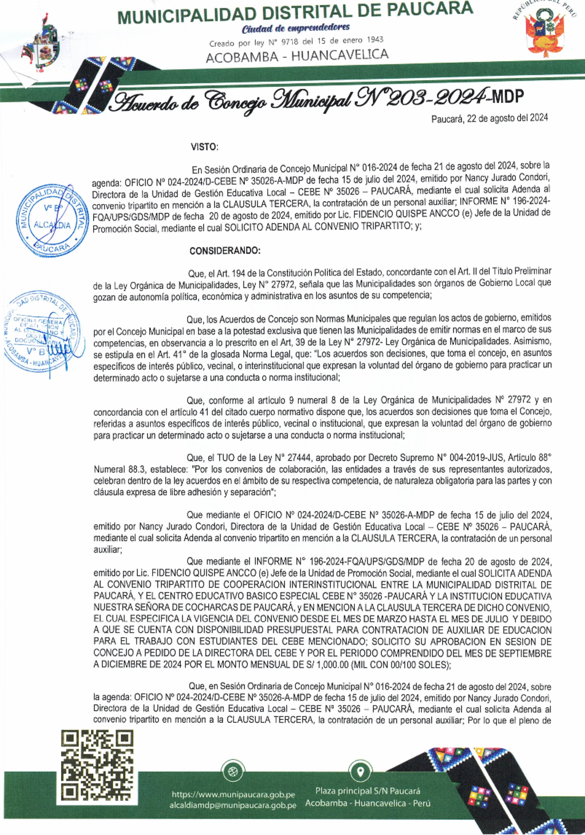 Acuerdo DE Concejo Municipal 203 - MUNICIPALIDAD DISTRITAL DE PAUCARA ...