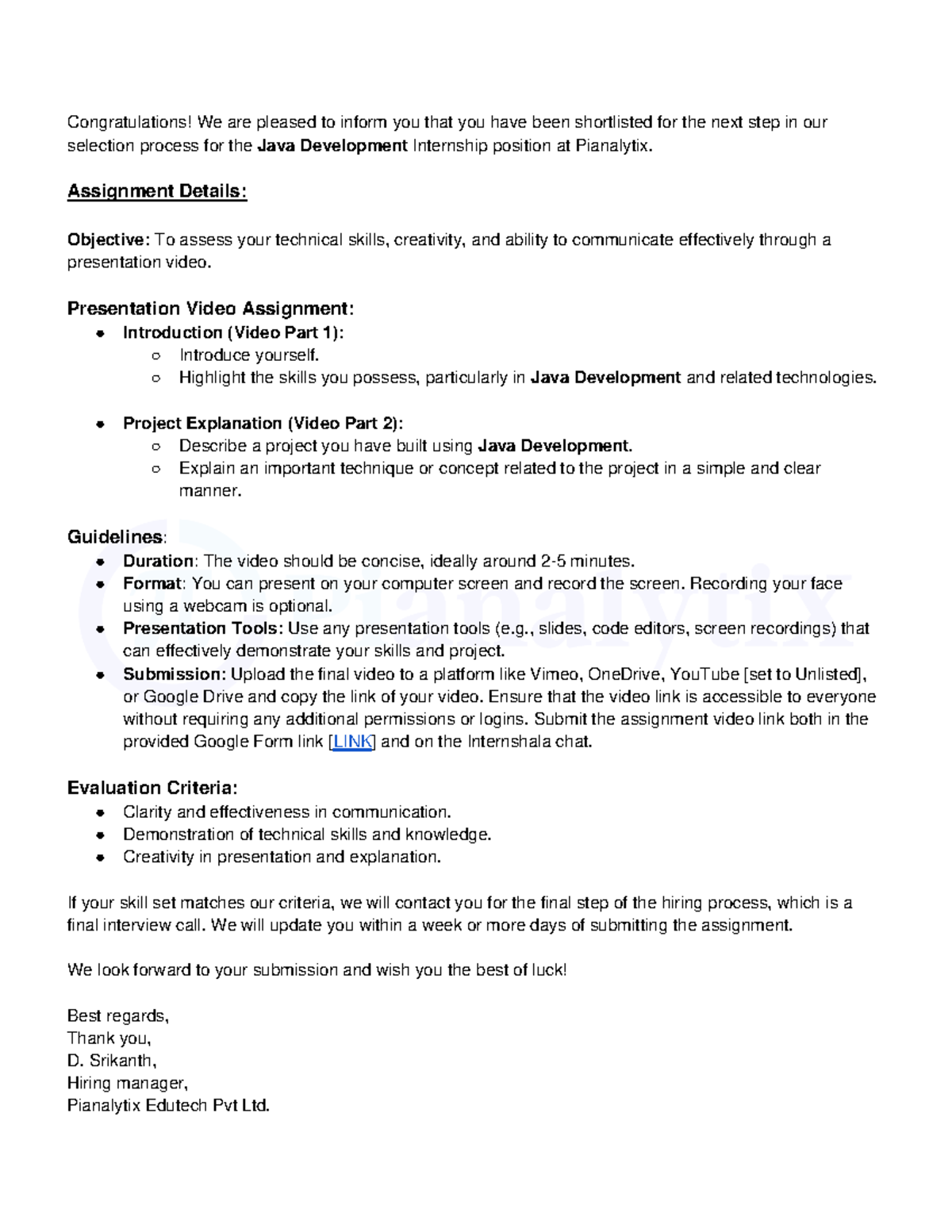 Assignment Instructions Java Development Internship - Congratulations ...