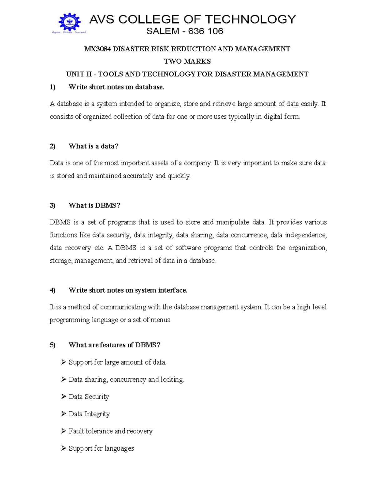 DM UNIT II Two Marks - JJHGF2EJGWEFJIG2EFIGE;UIFCGU - MX3084 DISASTER ...