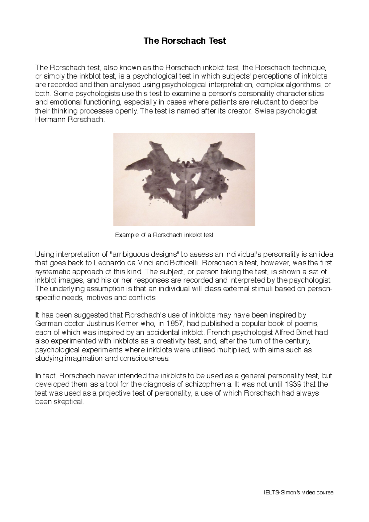 Reading 9 worksheet - good luck - The Rorschach Test The Rorschach test ...
