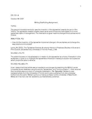 Scaffolding assignment 1 - 1 CS-100- A October 9th 2021 Writing Scaffolding Assignment TOPIC ...