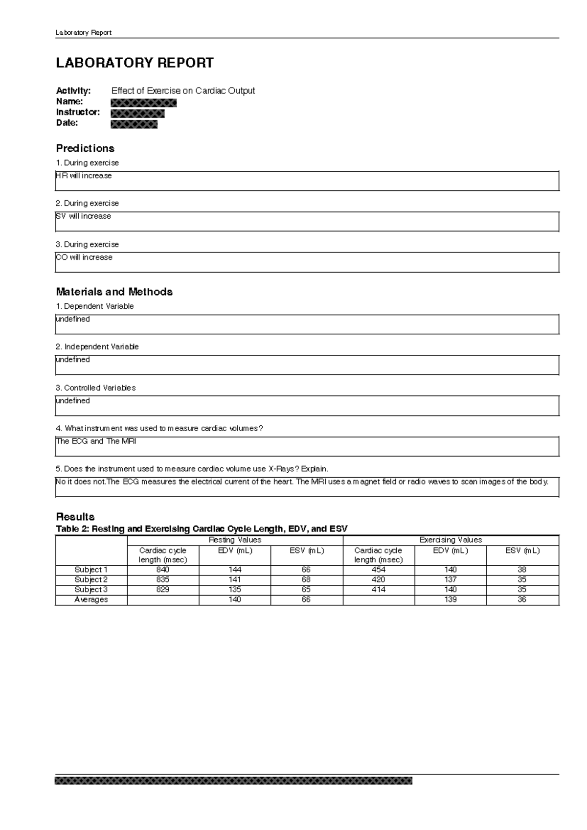 Pp lab report cardiac - LABORATORY REPORT Activity: Effect of Exercise ...