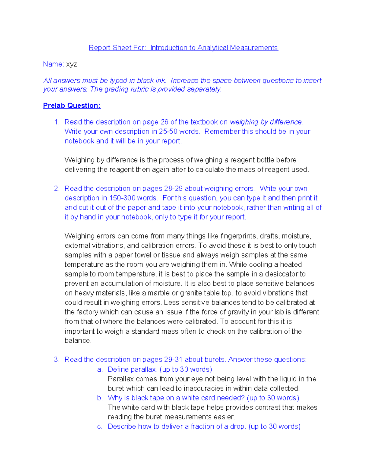 Lab 1 Report Sheet For Introduction to Analytical Measurements - Report ...