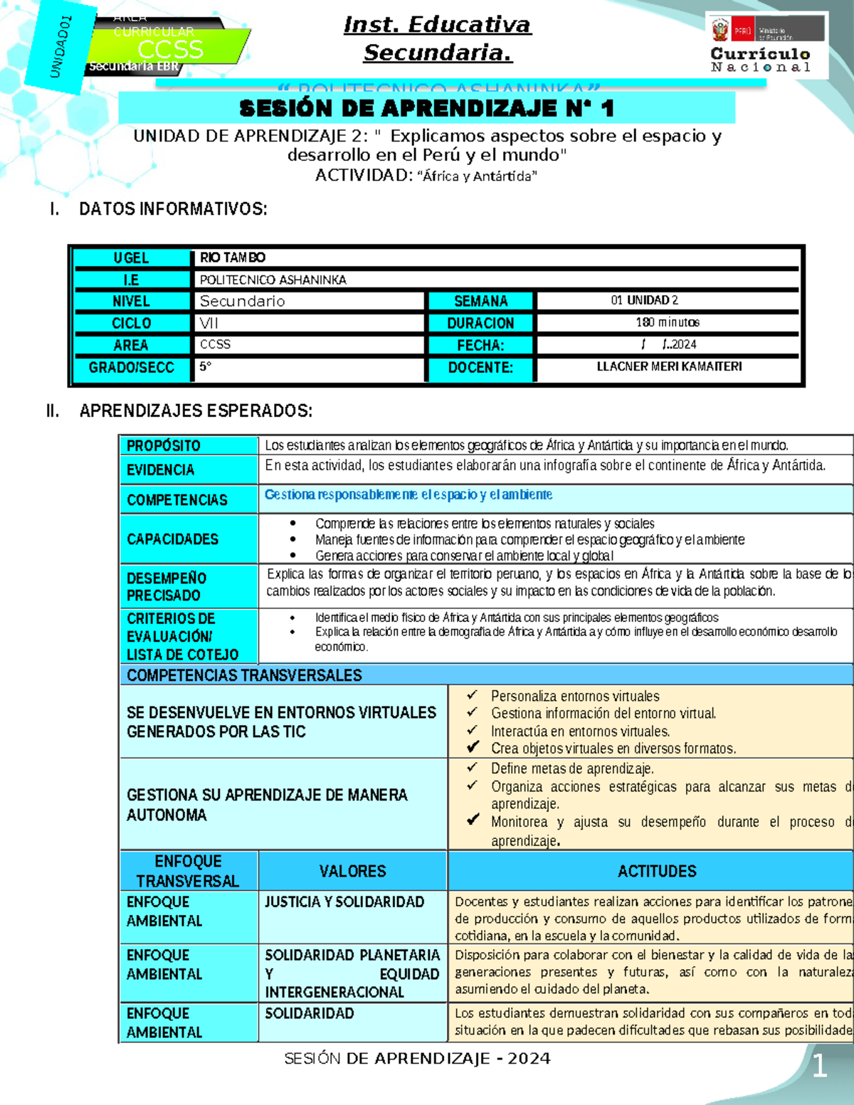 Sesion CCSS 5° SEC- Semana 01 UNI 2 - CCSS UNIDAD Secundaria EBR CURRICULAR Inst. Educativa ...