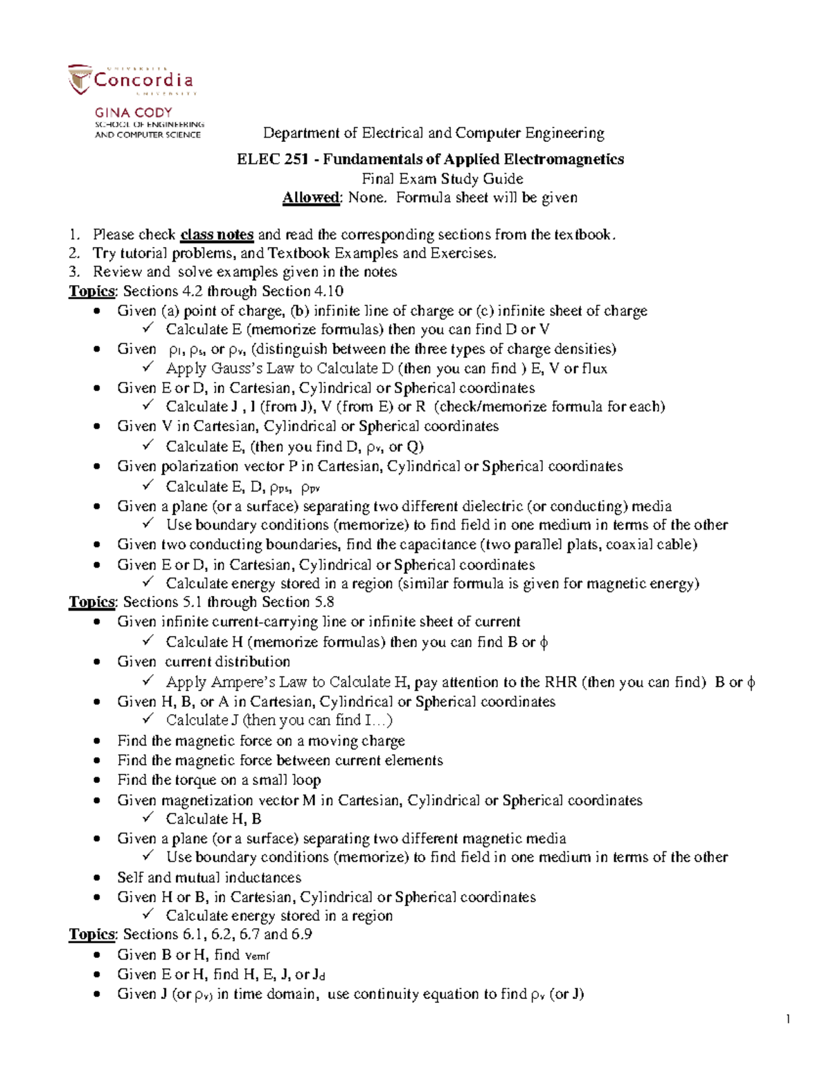 Final Exam study guide - 1 Department of Electrical and Computer ...