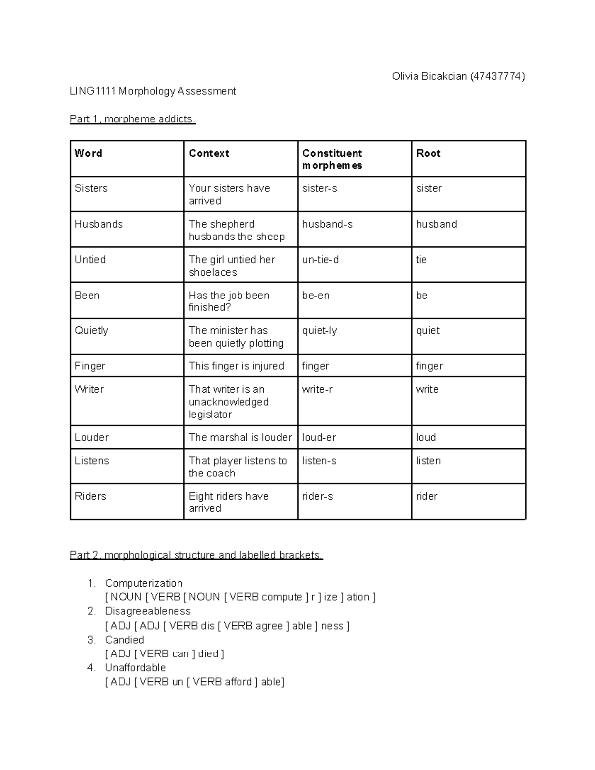 LING111 1 A3 Morphology - Olivia Bicakcian (47437774) LING1111 ...