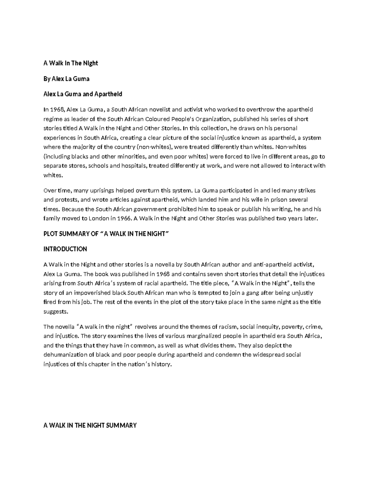 A WALK IN THE Night Notes - A Walk In The Night By Alex La Guma Alex La ...