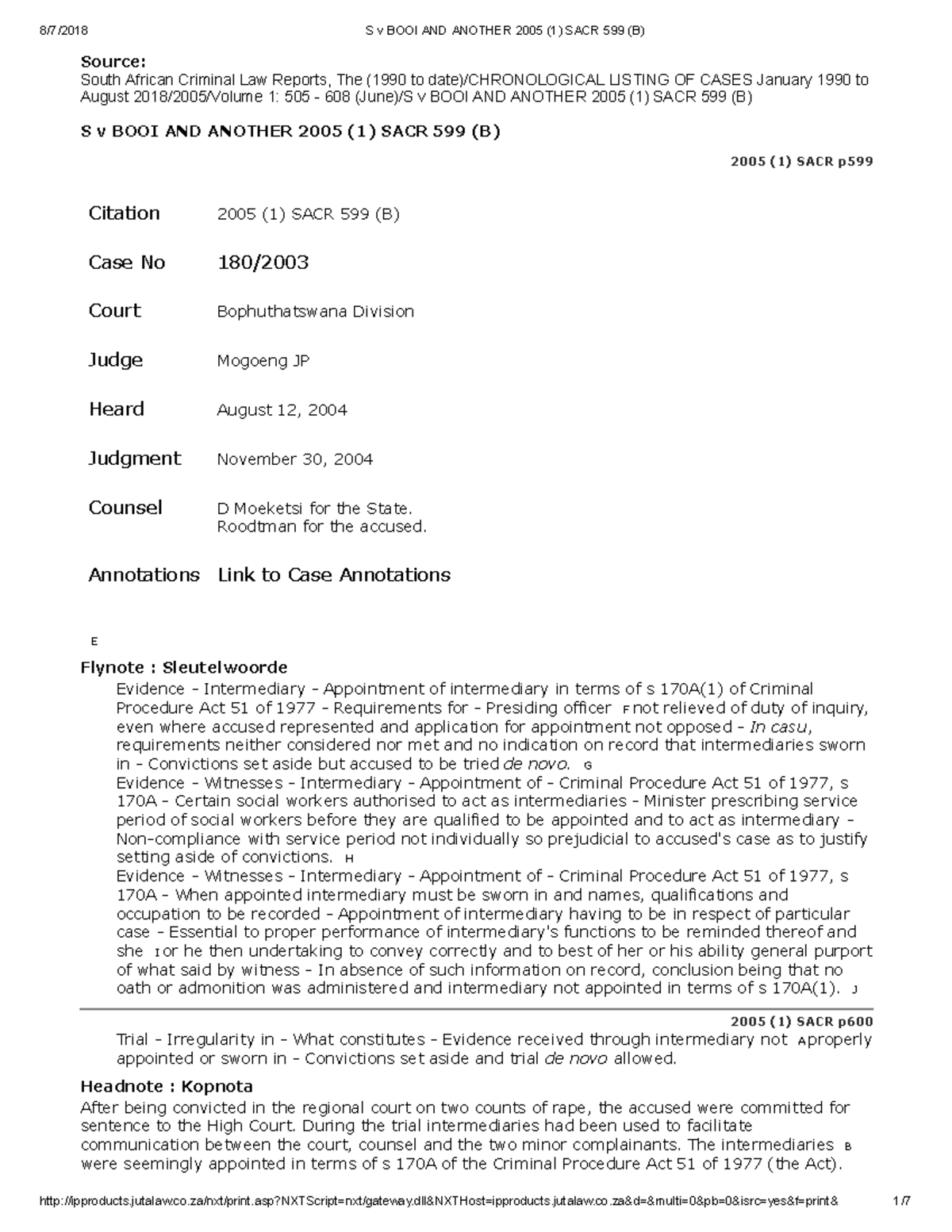 S v BOOI AND Another 2005 (1) SACR 599 (B) - Source: South African ...