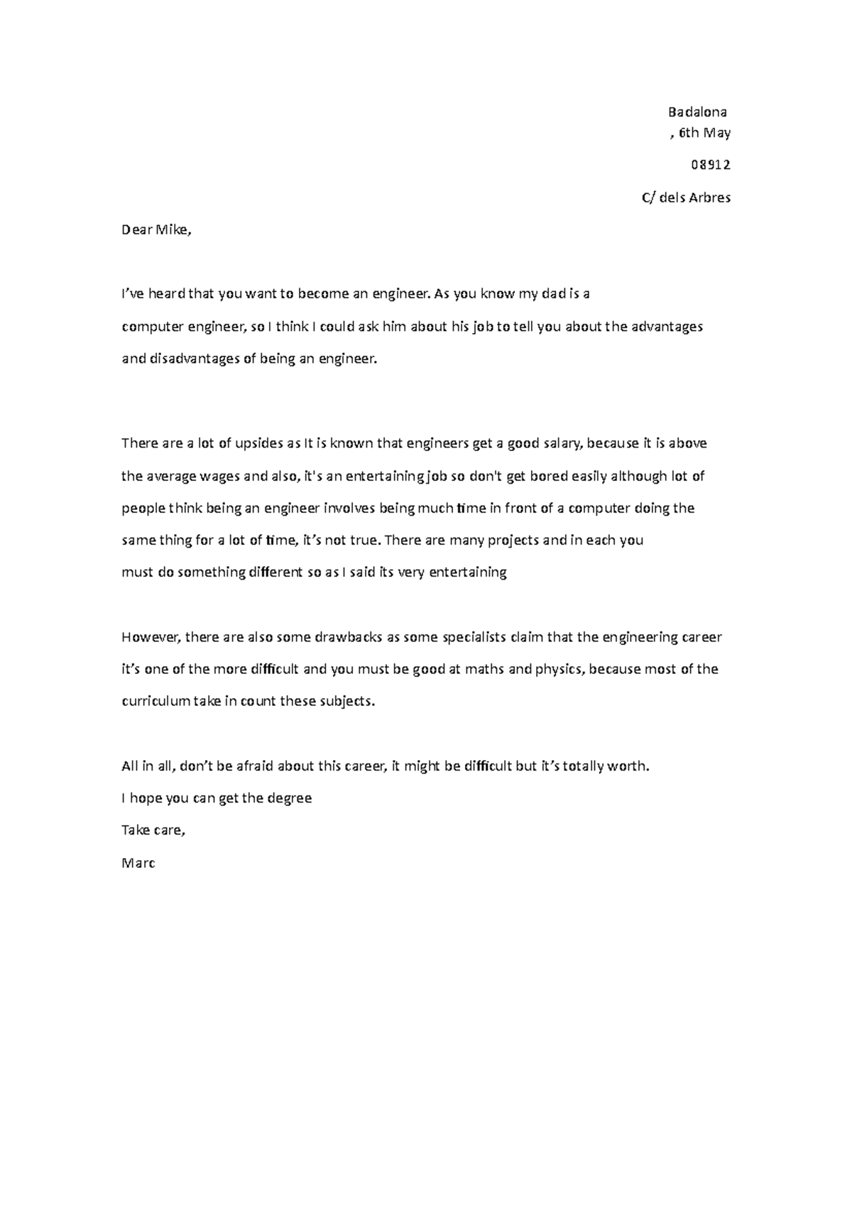 Engineering email - Grade: 7.5 - Badalona , 6th May 08912 C/ dels ...