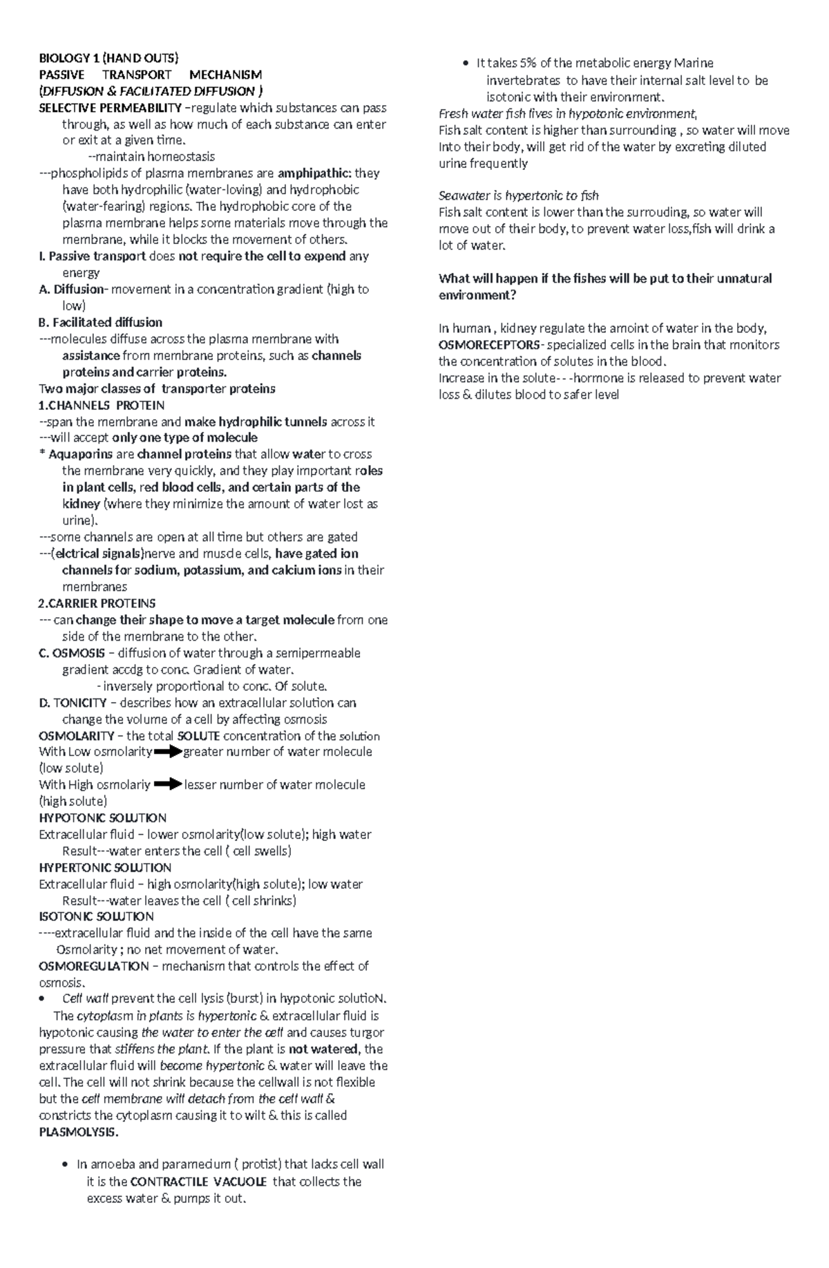 Hand outs passive and active transport 1 2 - BIOLOGY 1 (HAND OUTS ...