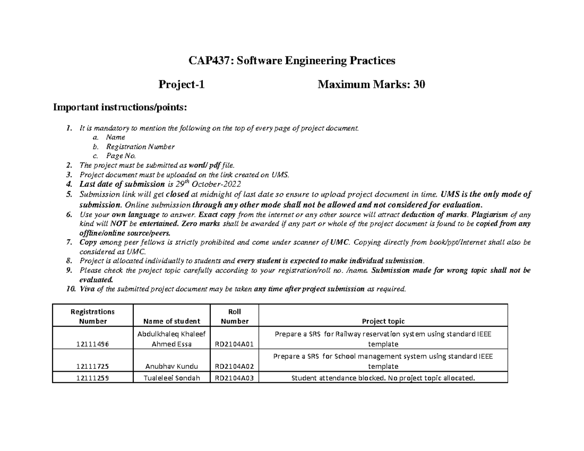 A892642655 11579 7 2022 Project 1 CAP437 - CAP437: Software Engineering Practices Maximum Marks ...