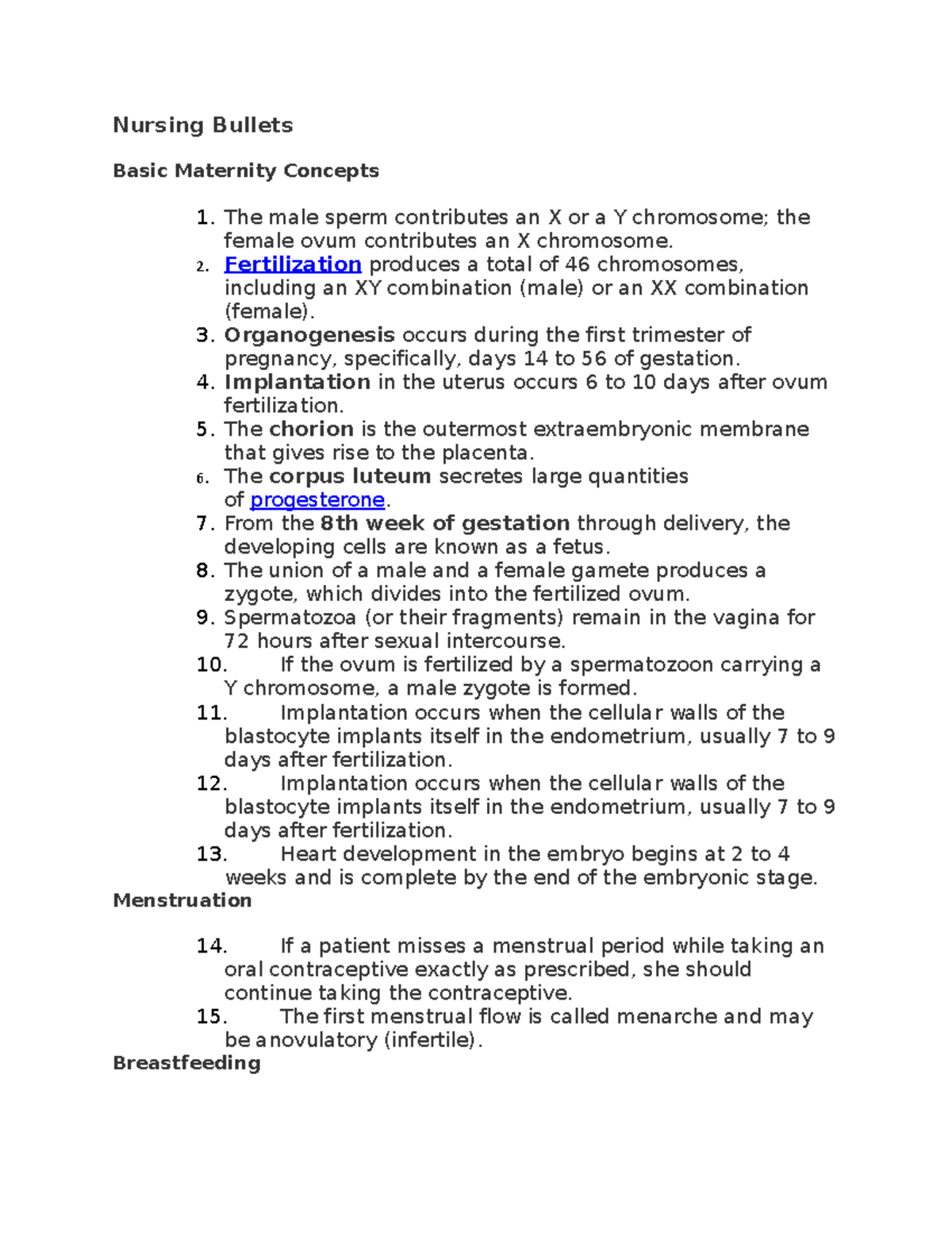 MCN Nursing Bullets - Nursing Bullets Basic Maternity Concepts 1. The ...