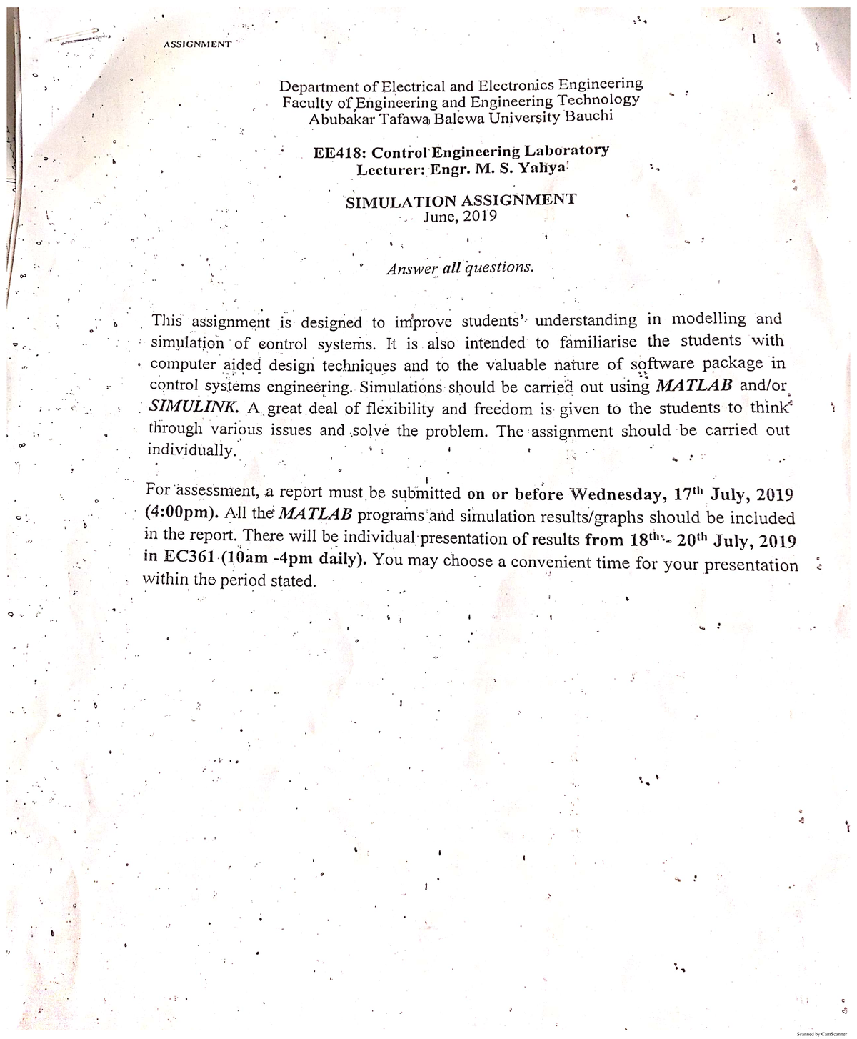 Ee418 Matlab Question - Control Engineering Laboratory - Scanned by ...