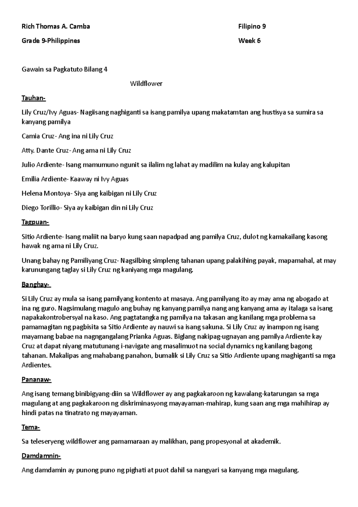 Filipino Week 6 Gawain 4 - Rich Thomas A. Camba Filipino 9 Grade 9 ...