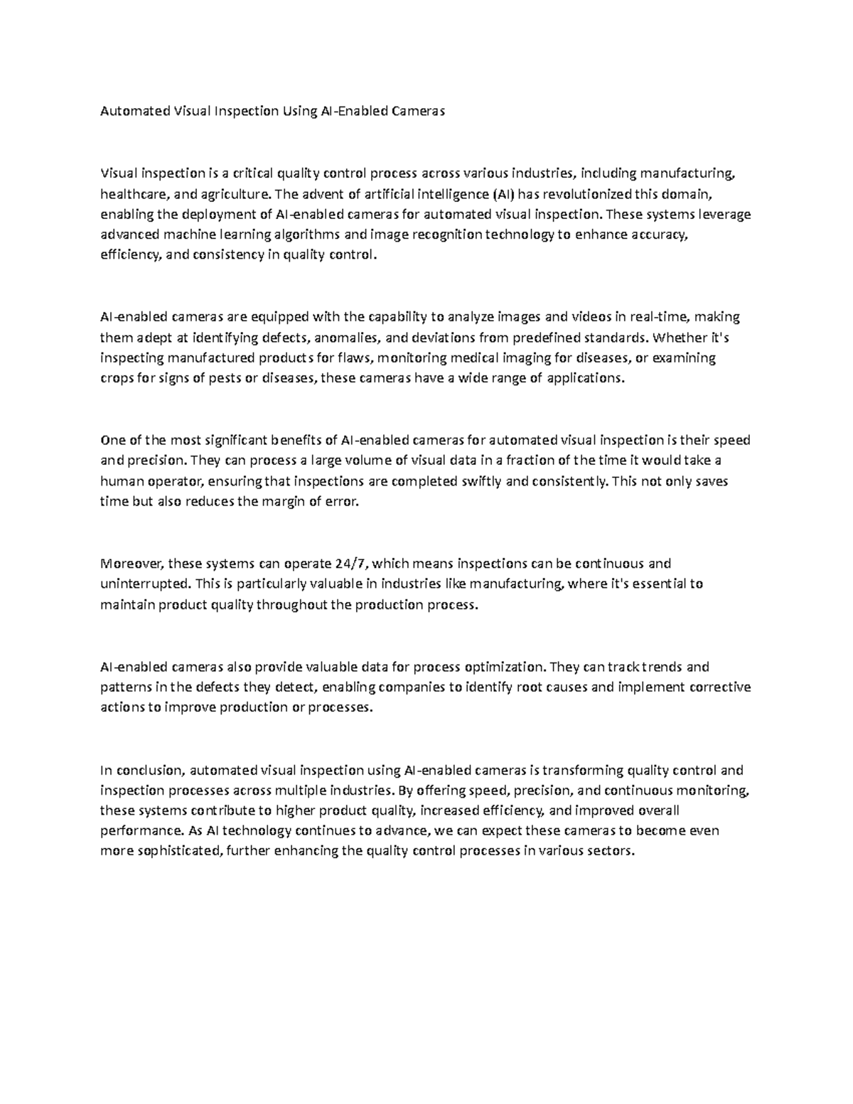 Automated Visual Inspection Using Ai Automated Visual Inspection Using Ai Enabled Cameras