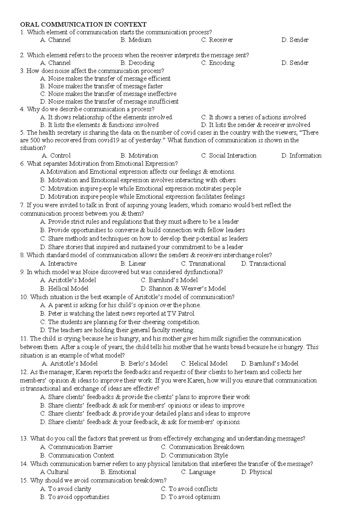 G12 Reviewer - ORAL COMMUNICATION IN CONTEXT Which element of ...
