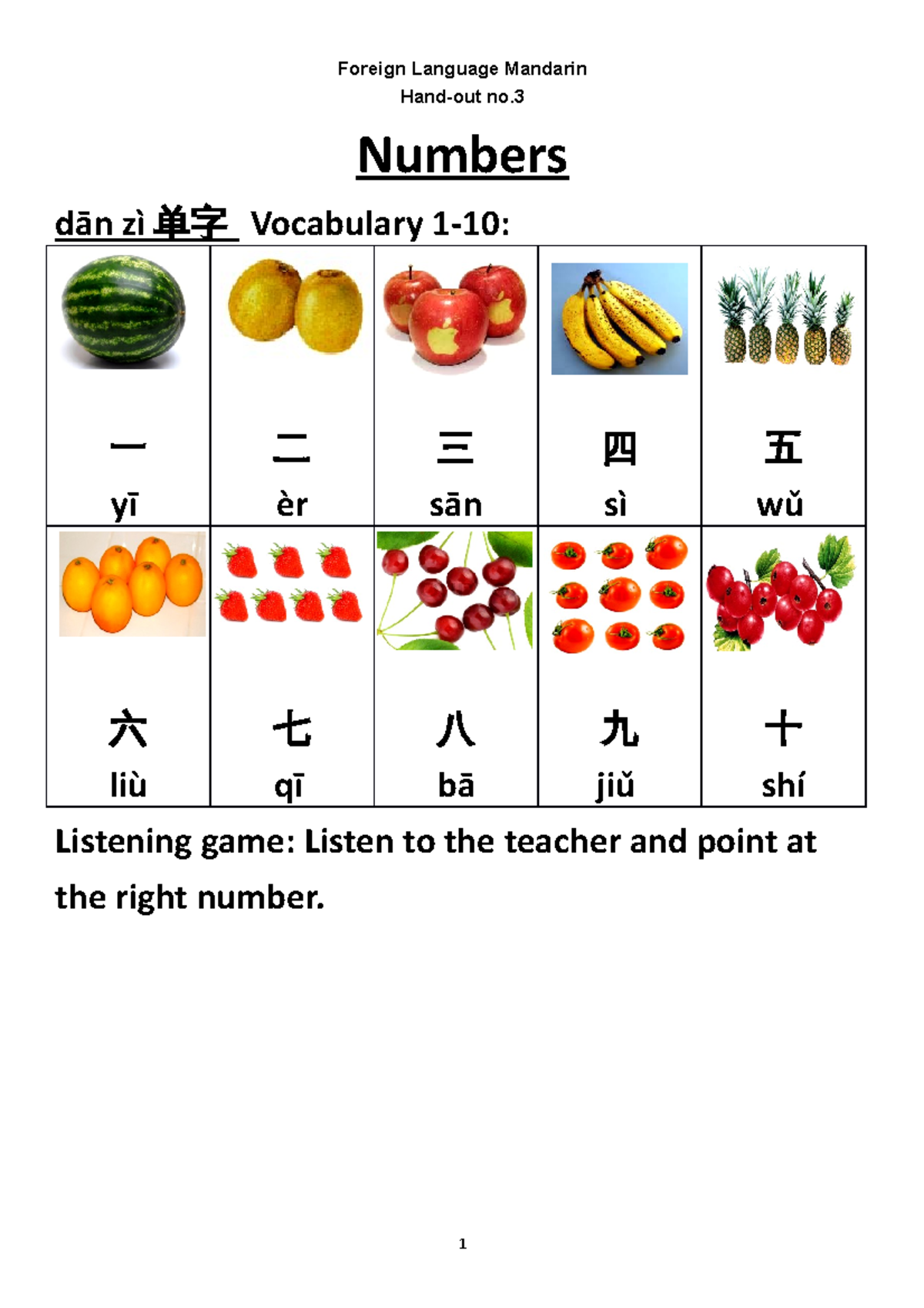 3. Mandarin Chinese Hand-out No. 3 Numbers - Foreign Language Mandarin Hand-out no. Numbers dān ...
