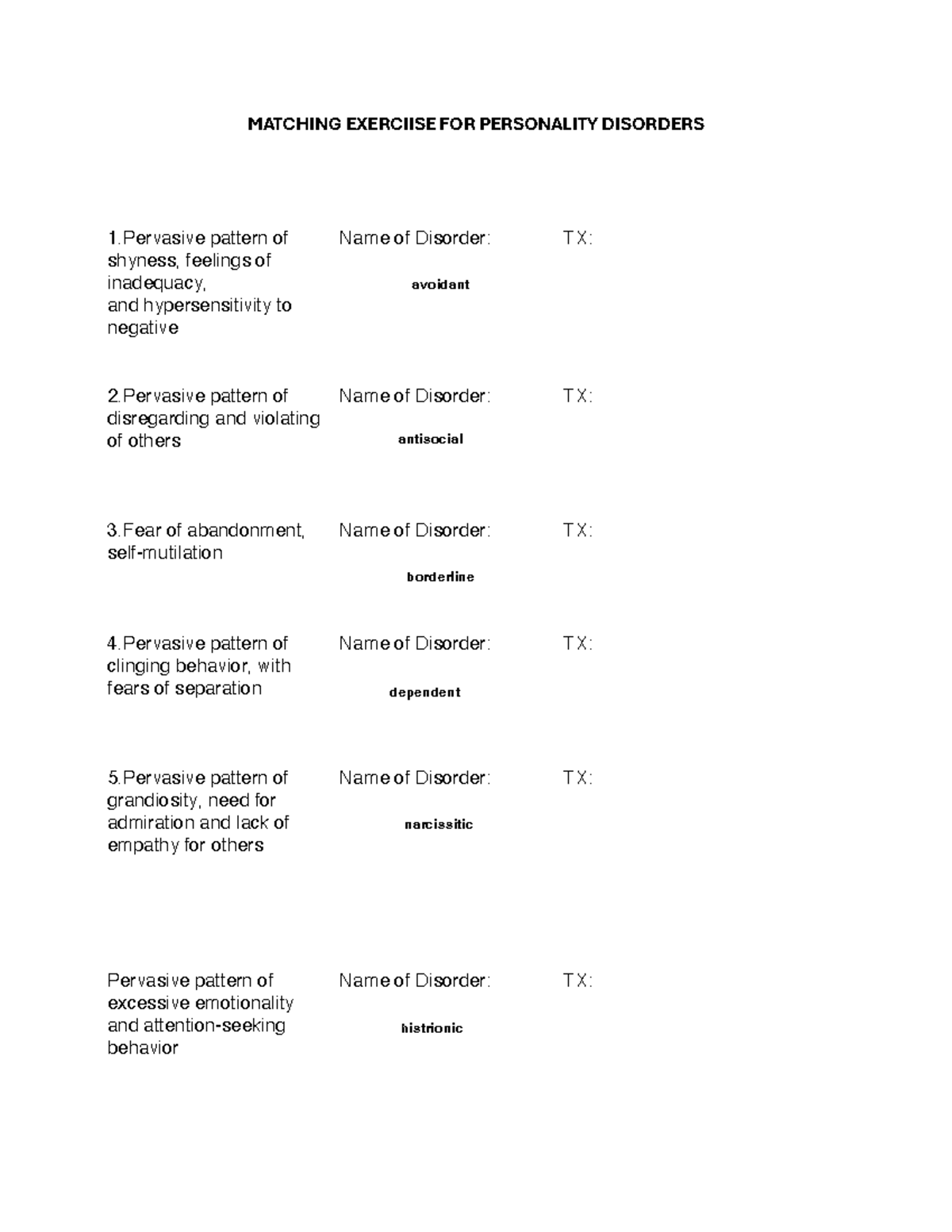 Personality Disorders Mental Health copy - MATCHING EXERCIISE FOR ...