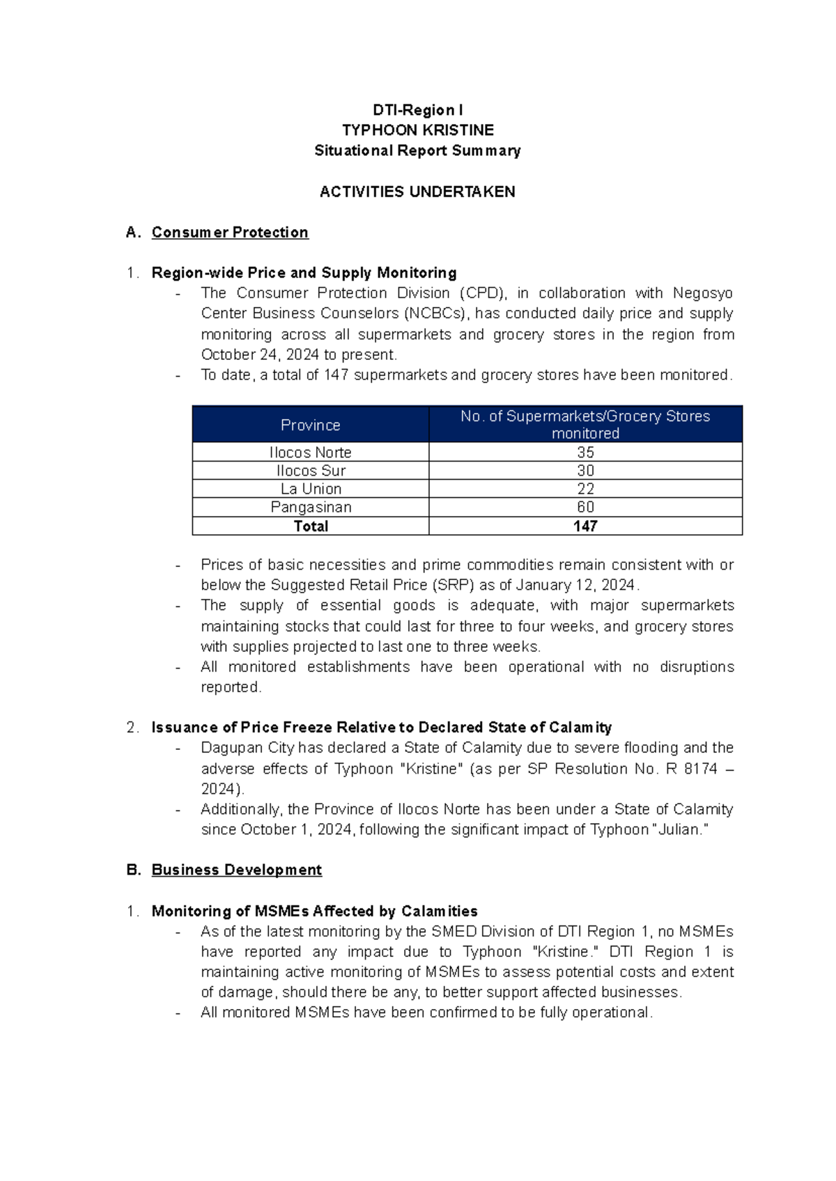 Region 1 TS Kristine Summary of Sit Report - DTI-Region I TYPHOON ...
