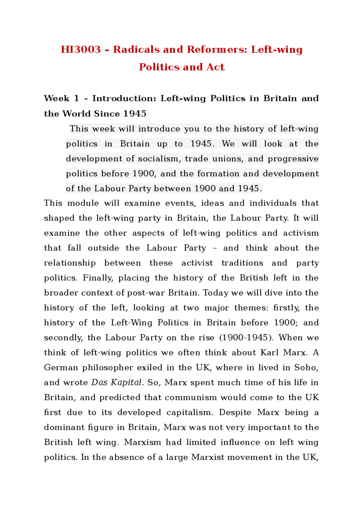 HI3003 - Radicals and Reformers - We will look at the development of ...