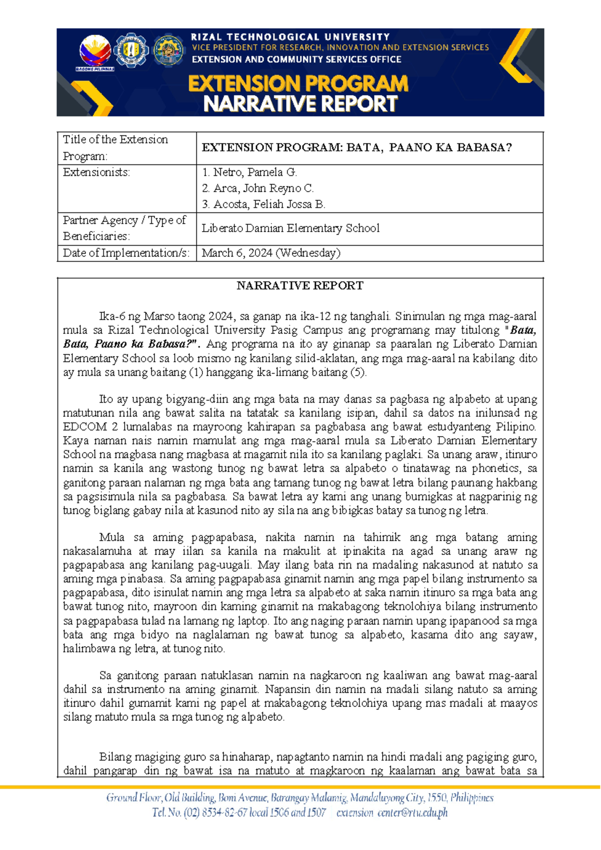 09-Narrative-Report Filipino - Title of the Extension Program ...