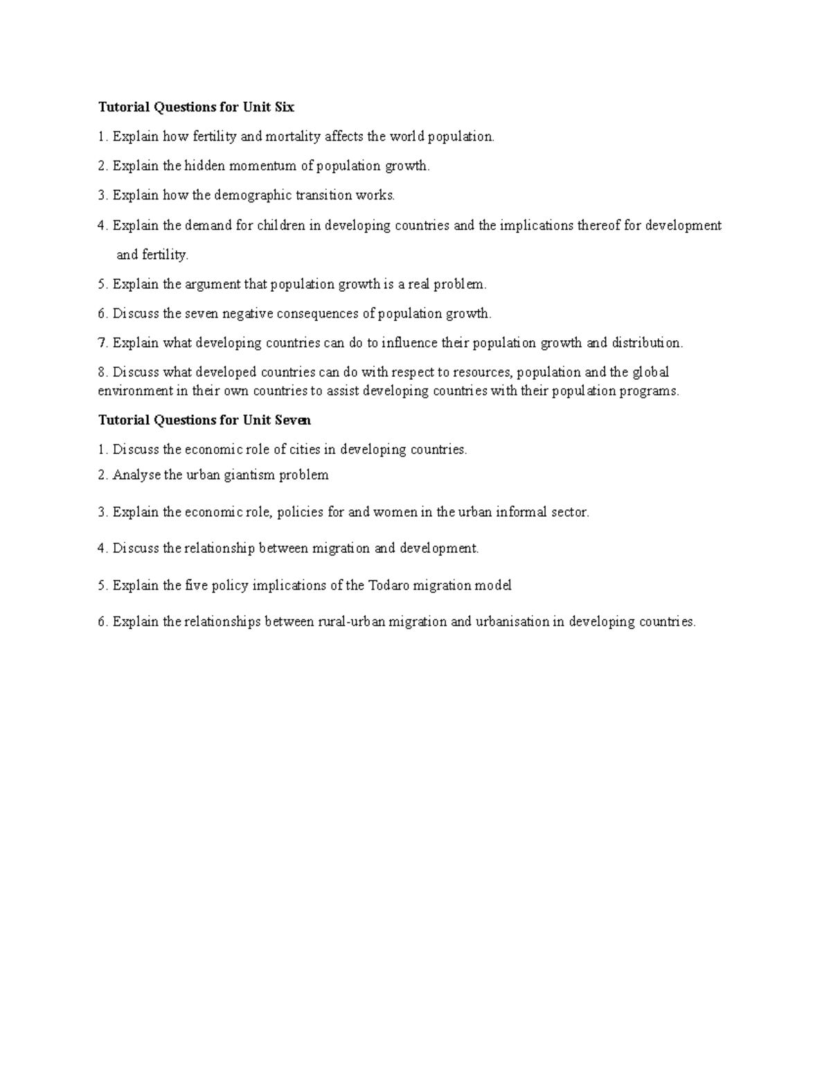 Tutorial Questions for Unit 6 and 7 - Tutorial Questions for Unit Six 1 ...