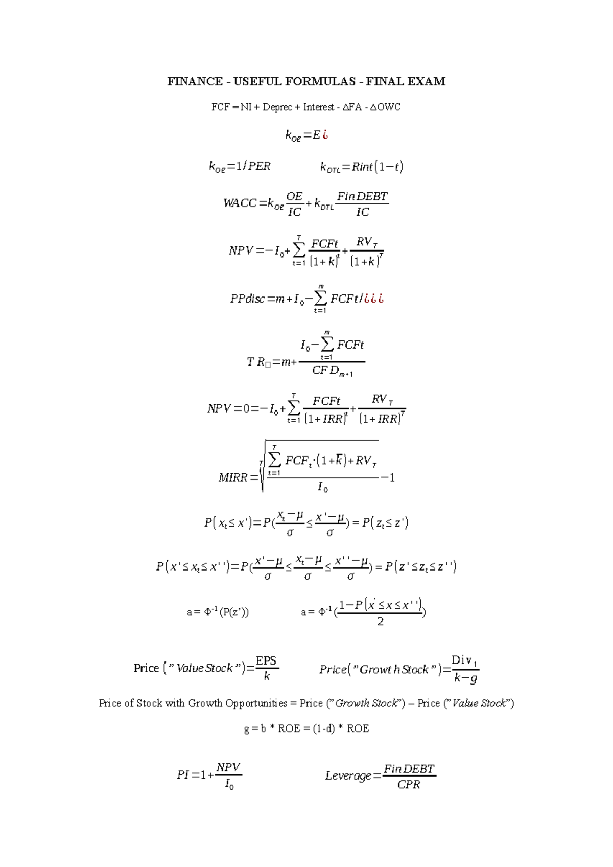 Finance Useful Formulas Final Exam 2023 updated - FINANCE - USEFUL ...