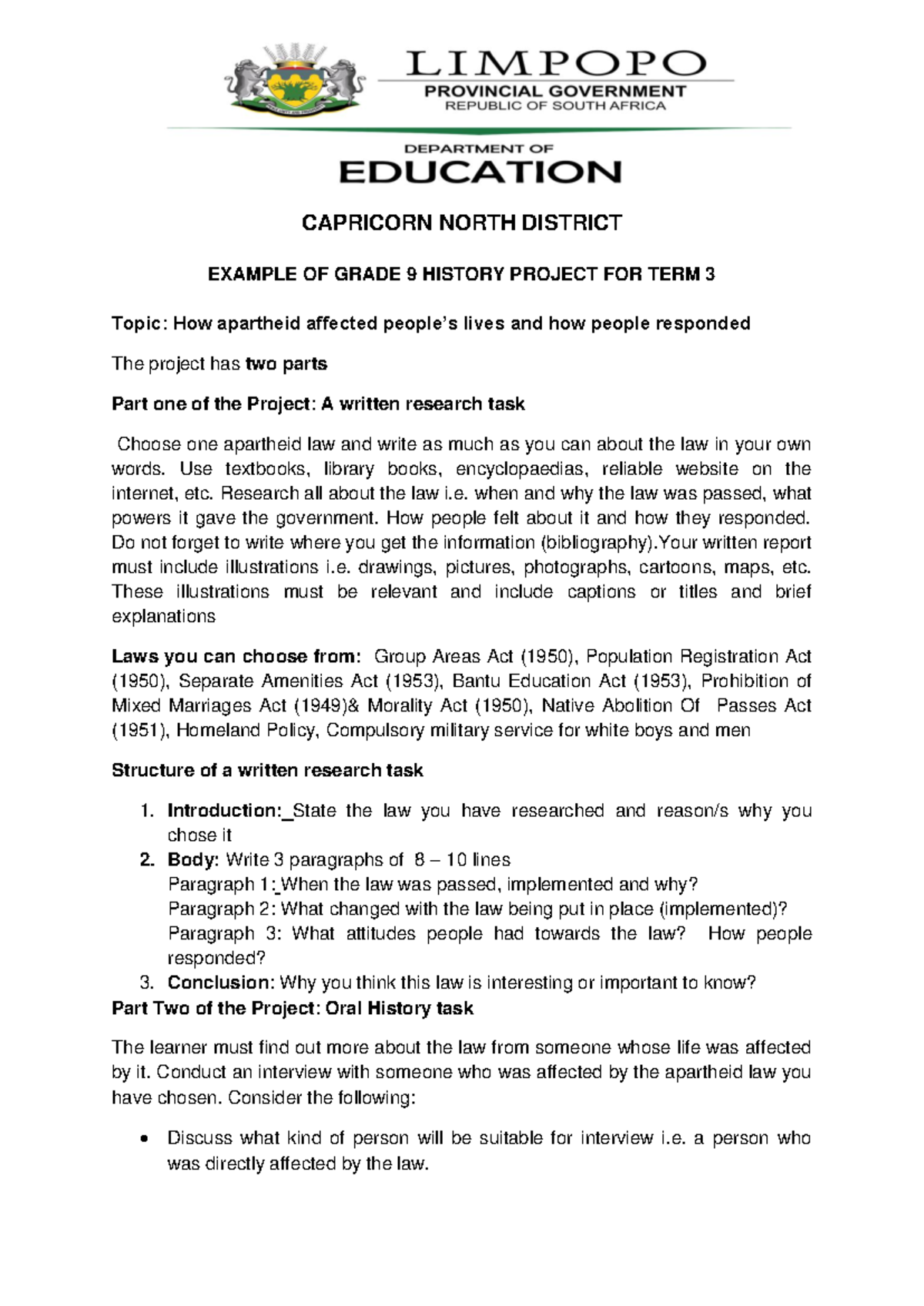 Grade 9 History Project Example 240716 085226 - CAPRICORN NORTH ...