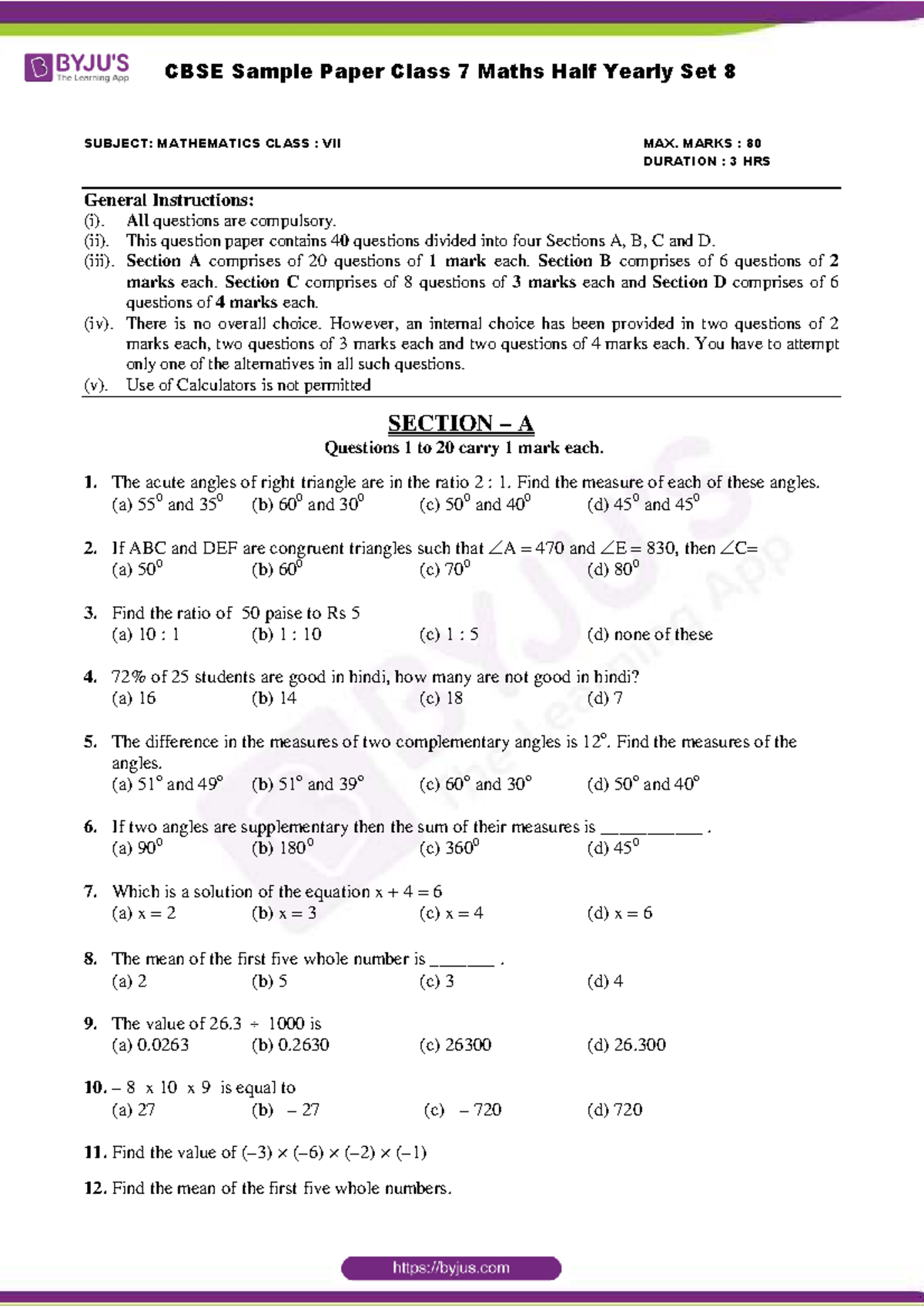 CBSE Sample Paper Class 7 Maths Half Yearly Set 8 - MARKS : 80 DURATION ...