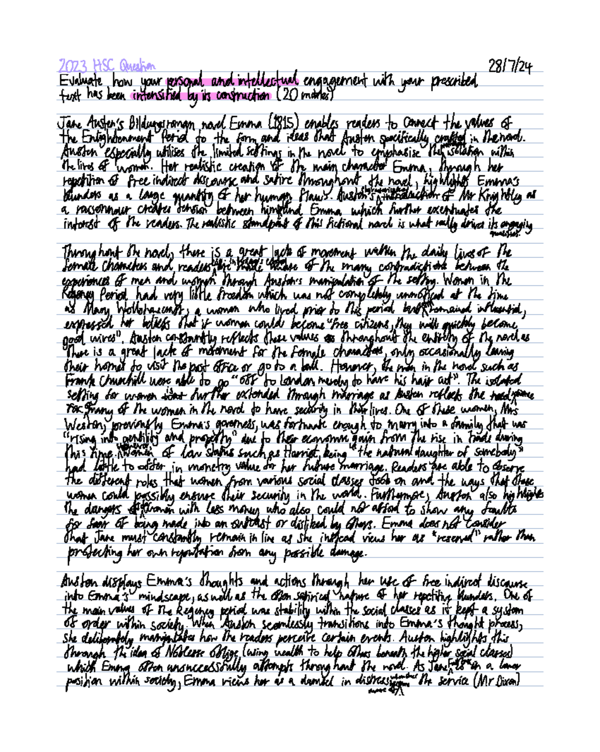 Emma Practice Essay - 023 HSCQuestion 28 valuate how your ...