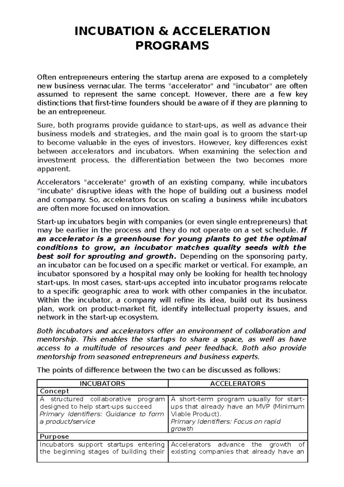 Difference Incubation VS Acceleration, basic idea - INCUBATION ...