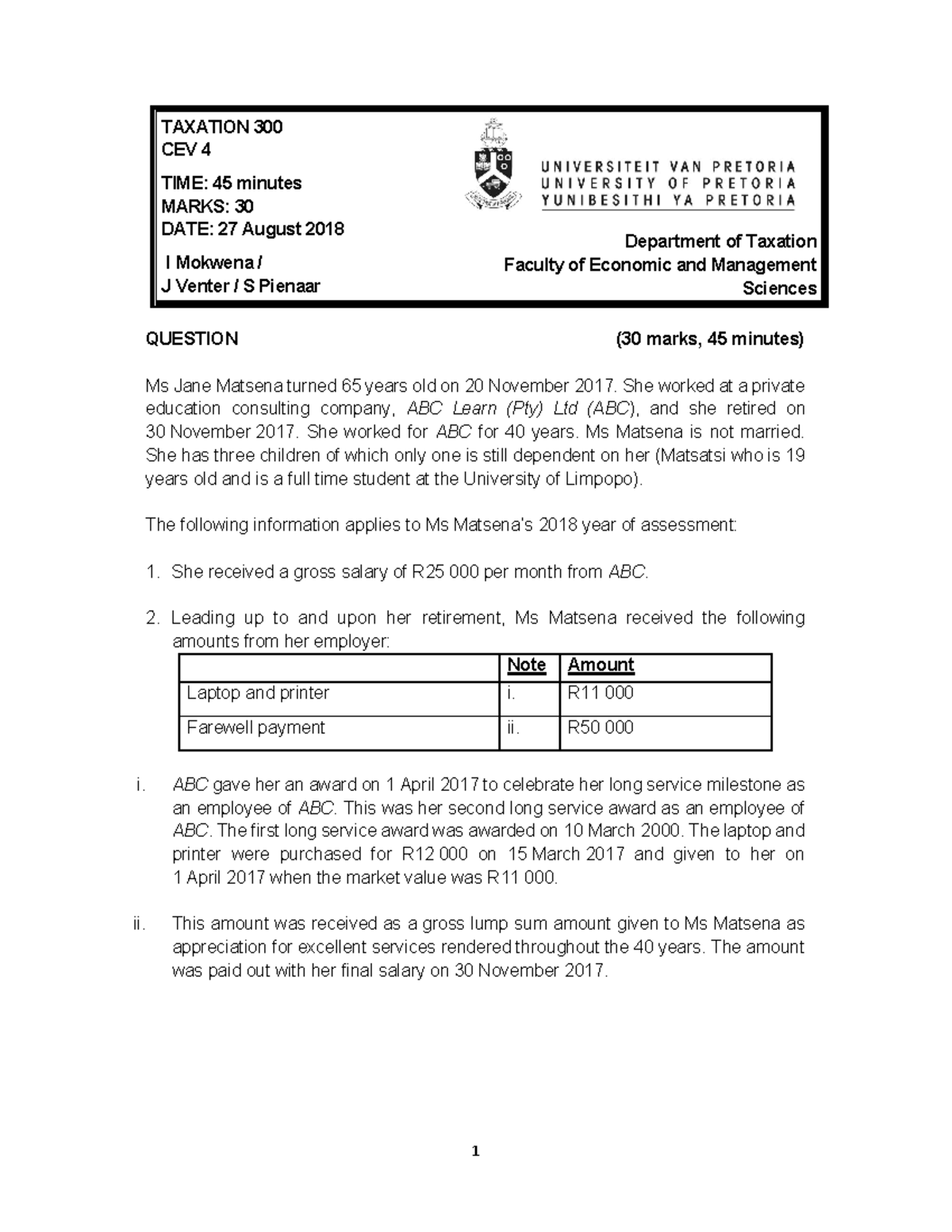 CEV 4 (Final) - CEV Compulsory Class Test - TAXATION 300 CEV 4 TIME: 45 ...