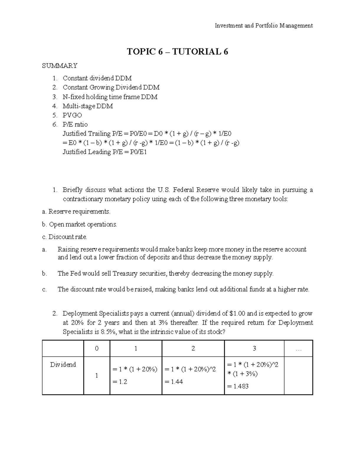 Tutorial 6 - Solutions - tut 6 - TOPIC 6 – TUTORIAL 6 SUMMARY Constant dividend DDM Constant ...