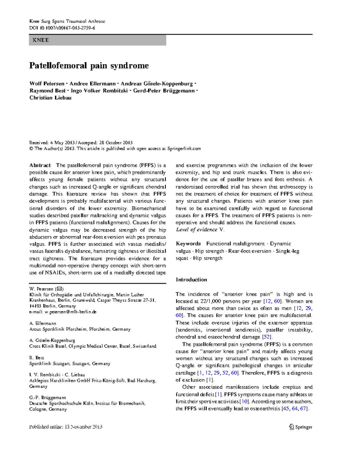 Petersen 2013 - K N E E Patellofemoral pain syndrome Wolf Petersen ...
