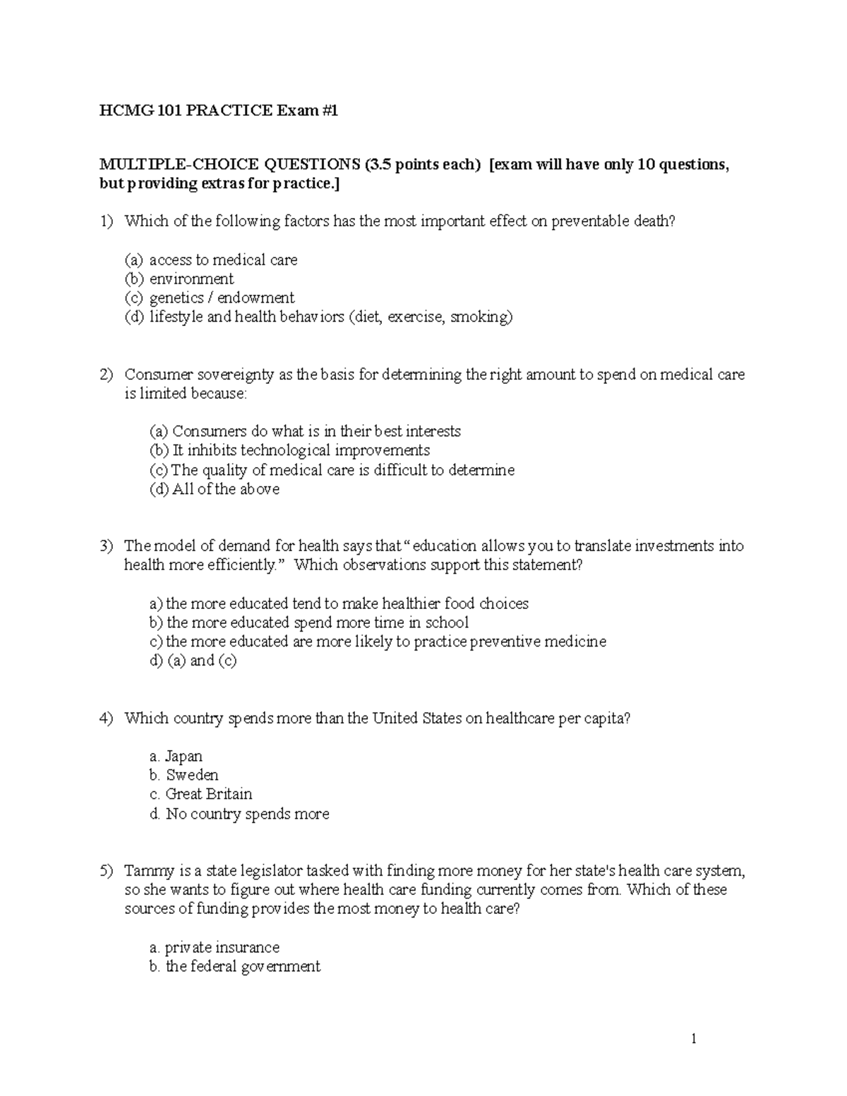 Practice exam 1 - HCMG 101 PRACTICE Exam # MULTIPLE-CHOICE QUESTIONS (3 ...