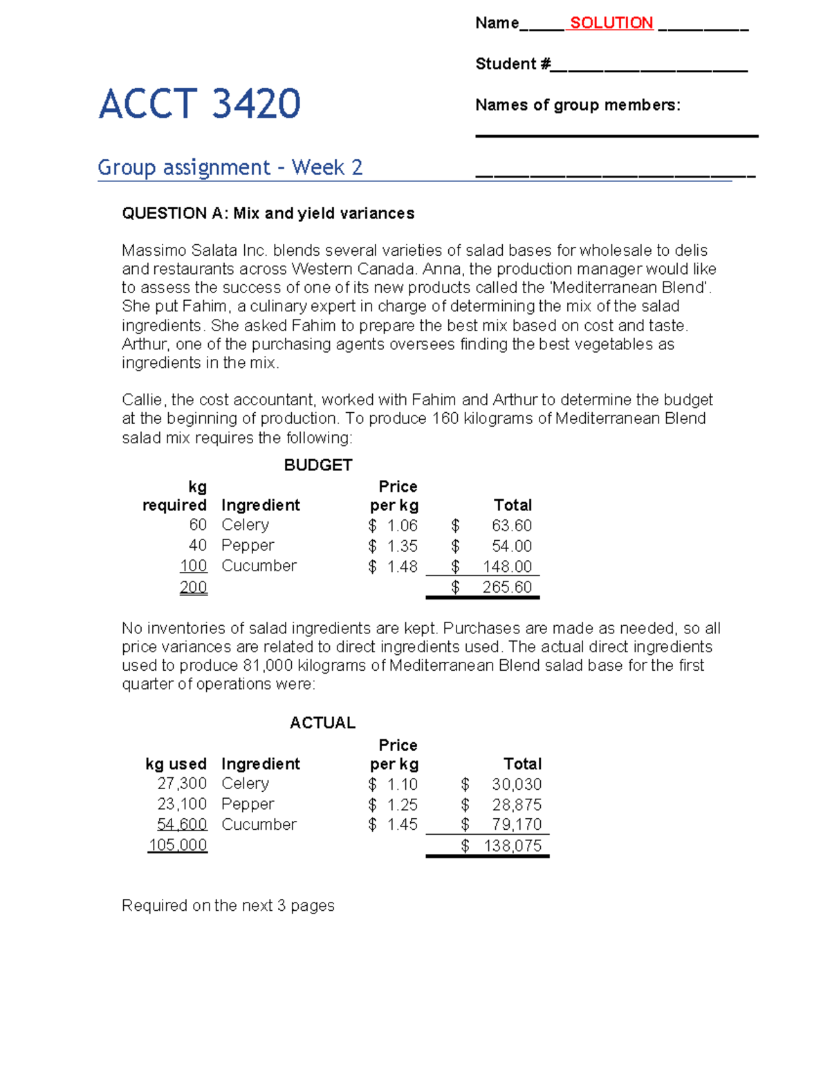3420 - Group assignment - Week 2 Solution - ACCT 3420 Group assignment – Week 2 QUESTION A: Mix ...