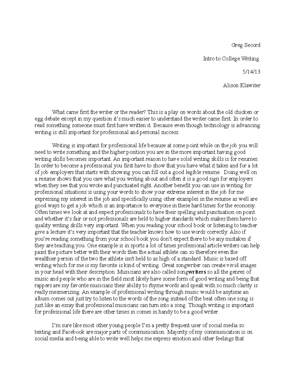 Assignment SC Word2013 C4 9 - Greg Secord Intro to College Writing 5/14 ...