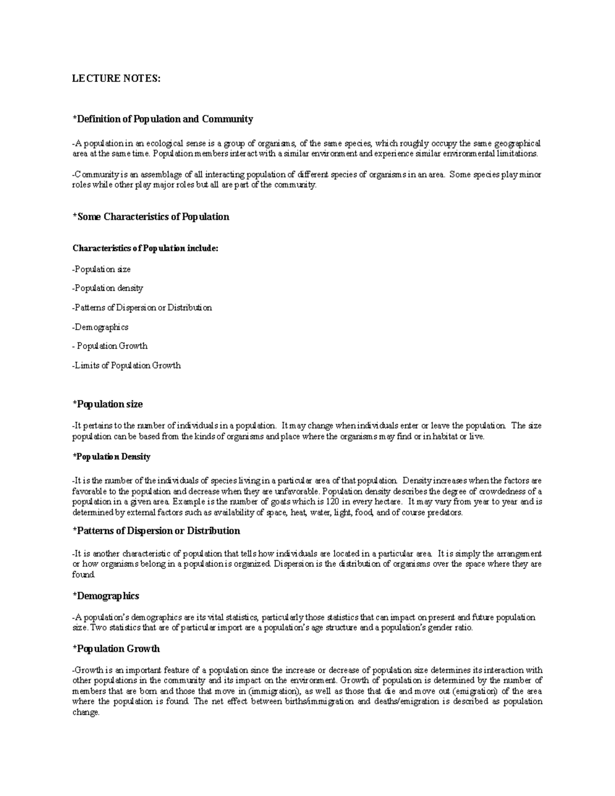 Definition of Population and Community and some characteristics of ...
